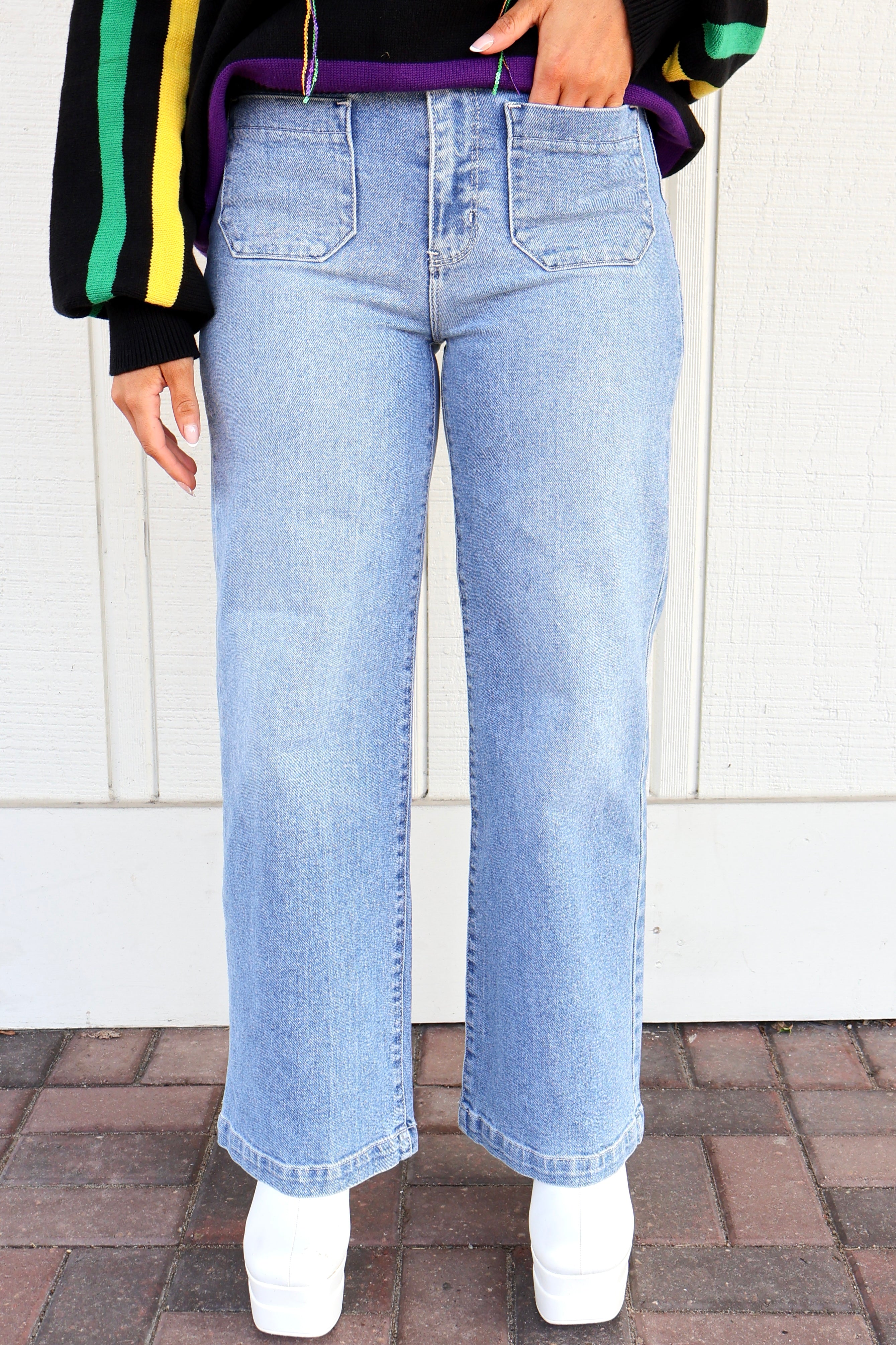 Open Up Patch Pocket Wide Leg Deim Jeans - Frock Candy